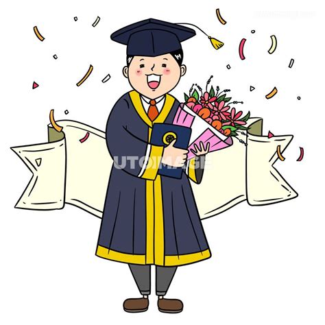 졸업이야기11 L190124 덧니랑 일러스트 캐릭터 일러스트 남자 남성 남학생 학생 대학생 고등학생 중학생 꽃 졸업증 졸업 졸업식 학사모 꽃