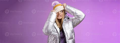 Awkward Embarrassed Cute Blond Girl Worried Pulling Hat Face Hiding