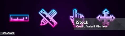 선 눈금자 교차 자 및 연필 픽셀 손 커서 및 화살표를 네 방향으로 설정합니다 빛나는 네온 아이콘입니다 벡터 4가지 개체에 대한
