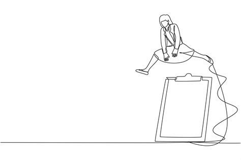 continuous one line drawing businesswoman jumping over big clipboard completion of business