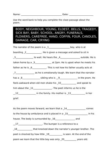 Mid Term Break Seamus Heaney Teaching Resources