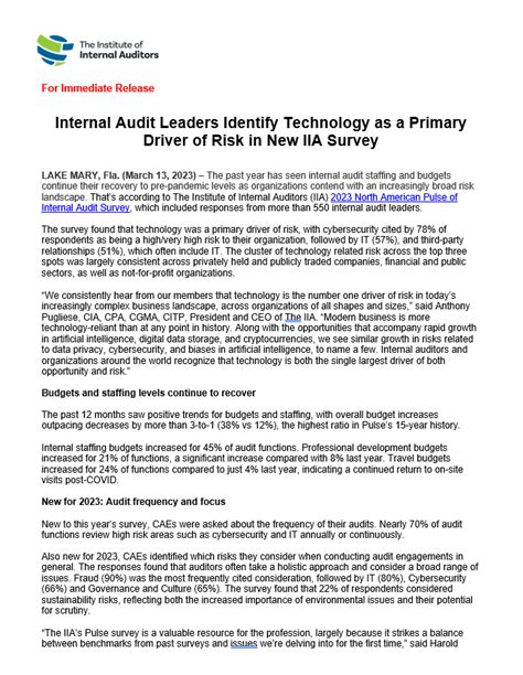 Internal Audit Leaders Identify Technology As A Primary Driver Of Risk