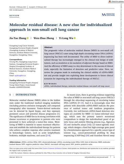 Pdf Molecular Residual Disease A New Clue For Individualized Approach In Non‐small Cell Lung