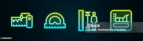 세트 라인 측정 기기 Pro트랙터 높이 바디 및 그래프 일정 차트 다이어그램 빛나는 네온 아이콘 벡터 각도기에 대한 스톡 벡터 아트 및 기타 이미지 Istock