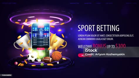 스포츠 베팅 환영 보너스 스마트 폰이있는 보라색 웹 배너 챔피언 컵 떨어지는 금화 스포츠 공 및 어두운 빈 장면에서 디지털 링의 홀로그램 보라색에 대한 스톡 벡터 아트 및