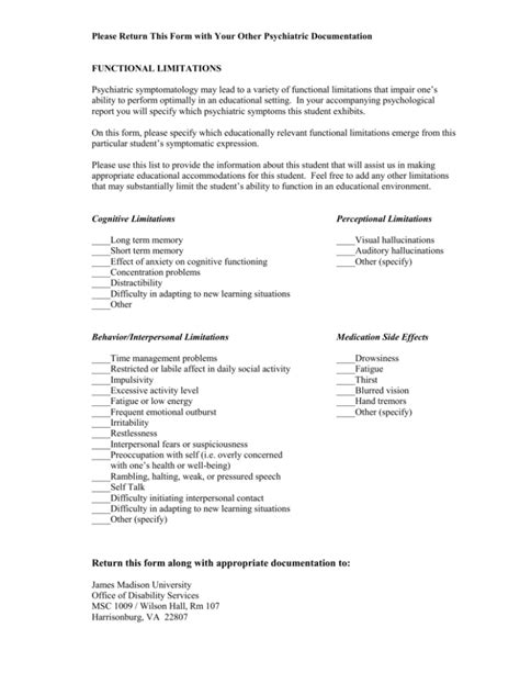 Functional Limitations Form Psychiatric Documentation