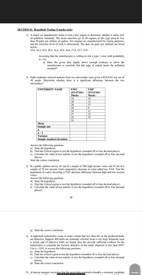 solved ection d hypothesis testing 5 marks each 1 a