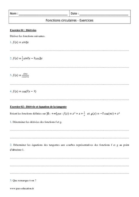 Fonctions circulaires Terminale S Exercices corrigés Pass Education