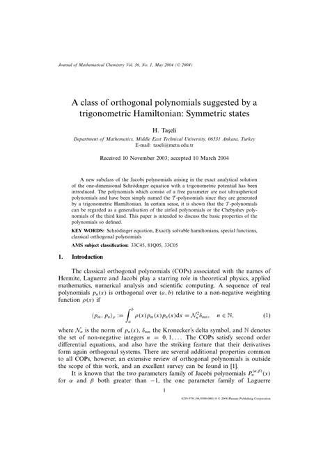 PDF A Class Of Orthogonal Polynomials Suggested By A Trigonometric Hamiltonian Symmetric States