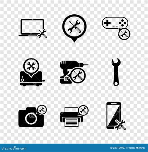 Set Laptop Service Location Gamepad Photo Camera Printer Smartphone Toaster And Drill