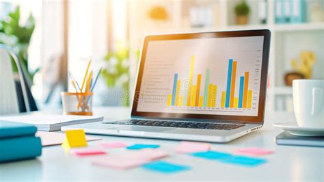 Contemporary Modern Workspace Showcasing A Laptop Alongside Insightful Data Visualization Graphs
