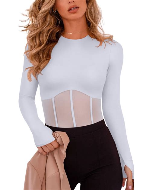 Reoria Womens Fall Thong Body Suits Outfits Trendy Sexy Crew Neck Thumbholes Long Sleeve Sheer