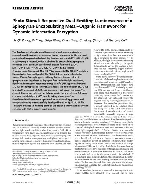 Photo‐stimuli‐responsive Dual‐emitting Luminescence Of Spiropyran