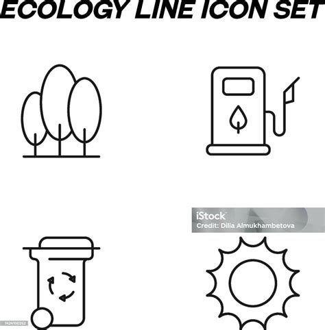 검은 색 얇은 선으로 그려진 간단한 흑백 표지판 숲 생태 주유소 태양 폐기물 또는 쓰레기 재활용의 상징으로 설정된 벡터 라인 아이콘 0명에 대한 스톡 벡터 아트 및 기타