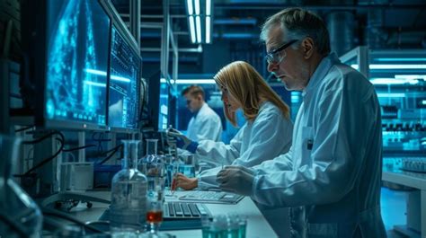 a team of scientists in a hightech laboratory analyzing data on