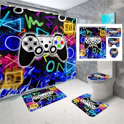 4 Pcs Gamer Shower Curtain Set For Boys Bathroom Sets With Curtainrug