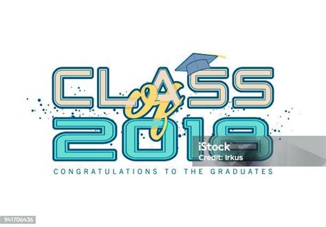 눈금 레이블입니다 졸업 설계 축 하 행사 파티 고등학교 또는 대학 졸업에 대 한 텍스트를 벡터 인사말 초대장 카드 2018의 레터링 클래스 2018년에 대한 스톡 벡터 아트