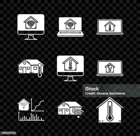 Wifi 노트북 집 온도 스마트 하우스 및 아이콘으로 스마트 홈으로 컴퓨터 모니터를 설정합니다 벡터 0명에 대한 스톡 벡터 아트 및 기타 이미지 Istock