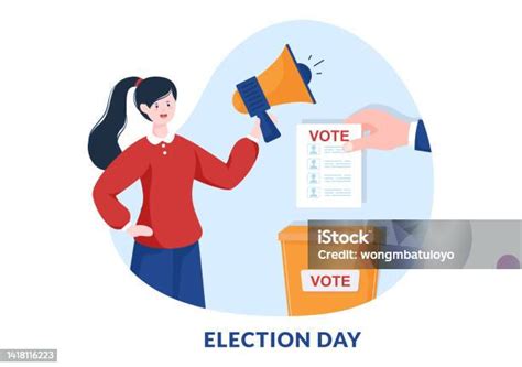 선거일 정치 손으로 그린 만화 플랫 일러스트 레이 션 유권자가 포스터 또는 캠페인에 적합한 미국의 투표소에서 투표 용지를 던지는 경우 Nomination에 대한 스톡 벡터