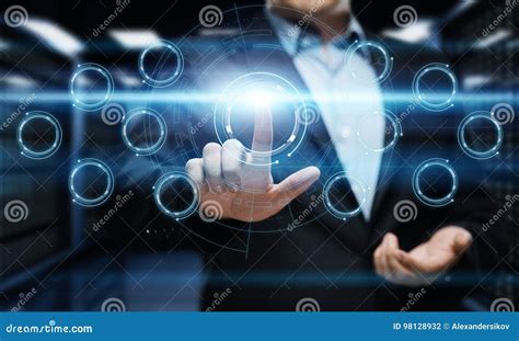 Businessman Pressing Button Man Pointing On Futuristic Interface Innovation Technology