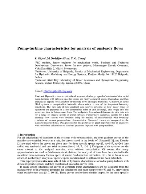 Pump Turbine Characteristics For Analysis Of Unsteady Flows Pdf Pump Turbine