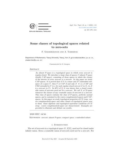 Pdf Some Classes Of Topological Spaces Related To Zero Sets