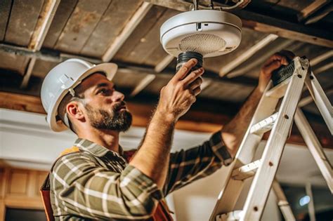 Technician Checking And Cleaning Smoke Detector With Tools Premium Ai