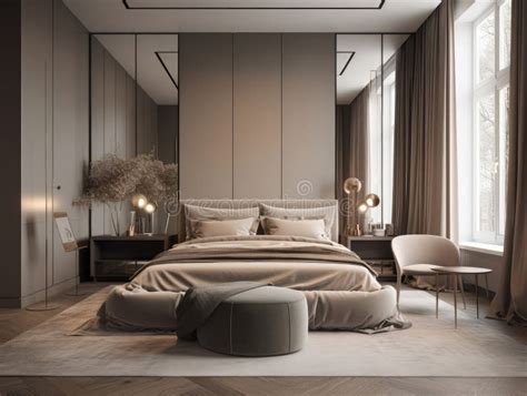 Modern Beige Bedroom With Large Window Generative Ai Stock Illustration Illustration Of