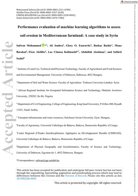 PDF Performance Evaluation Of Machine Learning Algorithms To Assess Soil Erosion In