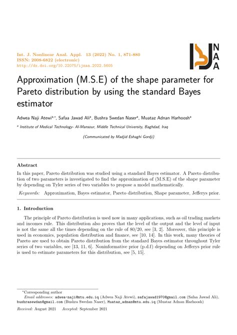Pdf Approximation M S E Of The Shape Parameter For Pareto Distribution By Using The