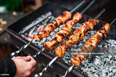 금속 꼬치에 구운 케밥 요리 바비큐에서 조리한 구운 고기 전통적인 동양 요리 쉬쉬 케밥 숯과 불꽃 피크닉 길거리 음식에 그릴 0