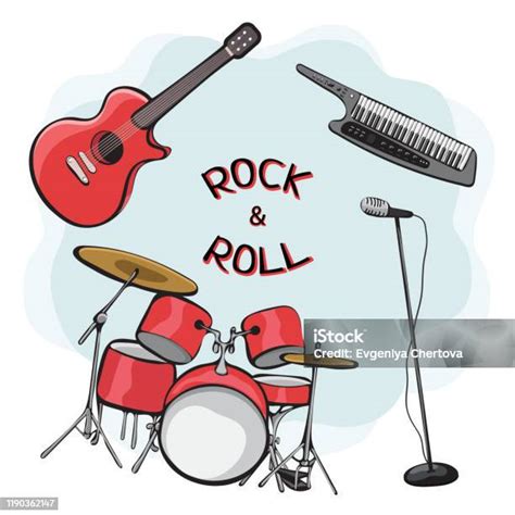 악기 세트 개요 만화 손 그리기 로큰롤 아이콘 스티커 흰색 배경에 고립 된 검은 색 빨간 드럼 키트 신디사이저 기타 마이크 벡터 일러스트레이션 록밴드 음악가에 대한 스톡