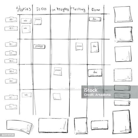 스크럼 작업 보드입니다 스티커 메모와 함께 화이트 보드 테이블에서 민첩 한 프로세스입니다 벡터 일러스트 스케치 스타일입니다 접착식 메모지에 대한 스톡 벡터 아트 및 기타
