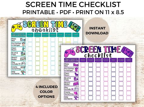 Screen Time Checklist Screen Time Chart Checklist Printable Etsy Artofit