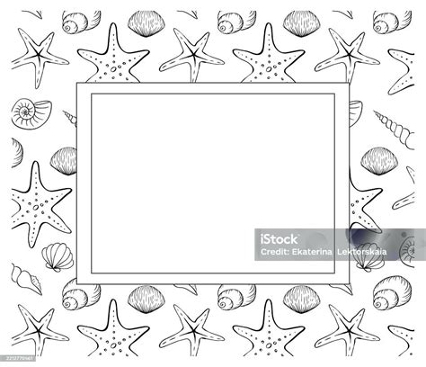 조개 사각형 프레임입니다 조개껍데기의 벡터 그래픽 라인 잉크 그림 고립된 배경에 손으로 그린 선형 그리기 포장 화장품 직물