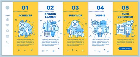 라이프 스타일 유형 온보딩 모바일 웹 페이지 벡터 템플릿 성취자 리더 선형 일러스트와 응답 스마트 폰 웹 사이트 인터페이스