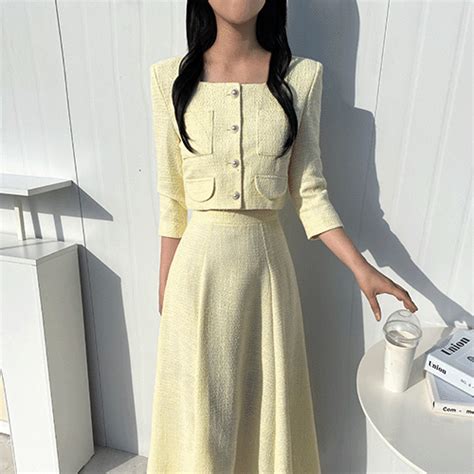 난디 트위드 7부 숏 자켓 And 플레어 롱 스커트 셋업 여름 롱 하객룩 크롭 머메이드 예복 상견례 세트 Set 투피스 에이블리