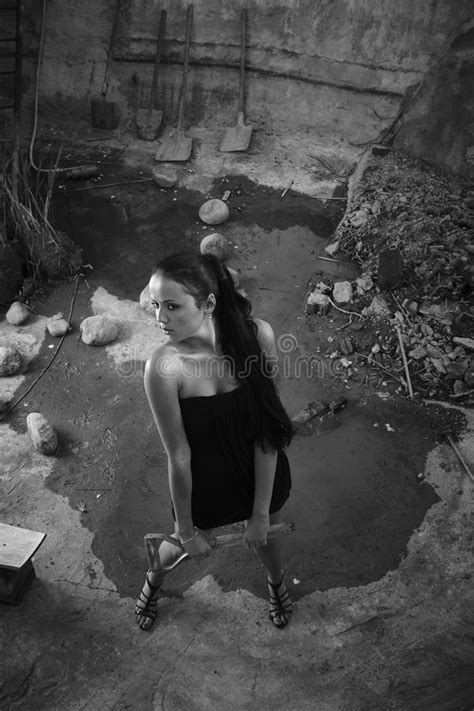 Sexual Girl In Black Dress Inside Stone Quarry Stock Photo Image Of Beautiful Lady
