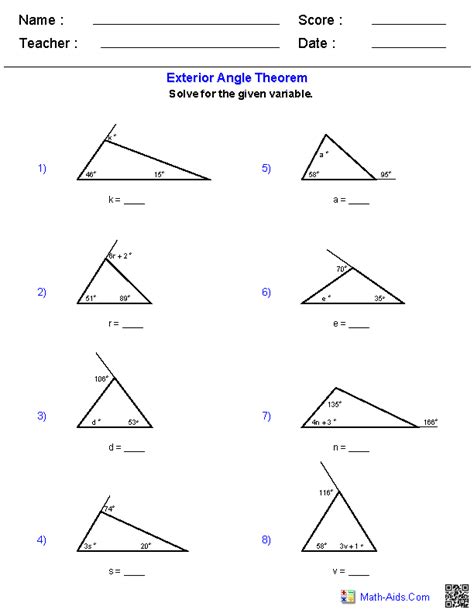 Worksheets Triangle Sum And Exterior Angle Theorem