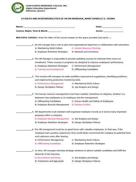 Quiz For 14 Roles Responsibilities Of An Hr Manager Tierra Miv Download Free Pdf Employment
