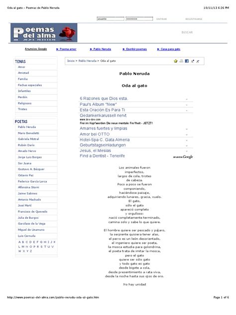 Oda Al Gato Poemas De Pablo Neruda Pdf Poetas Gatos