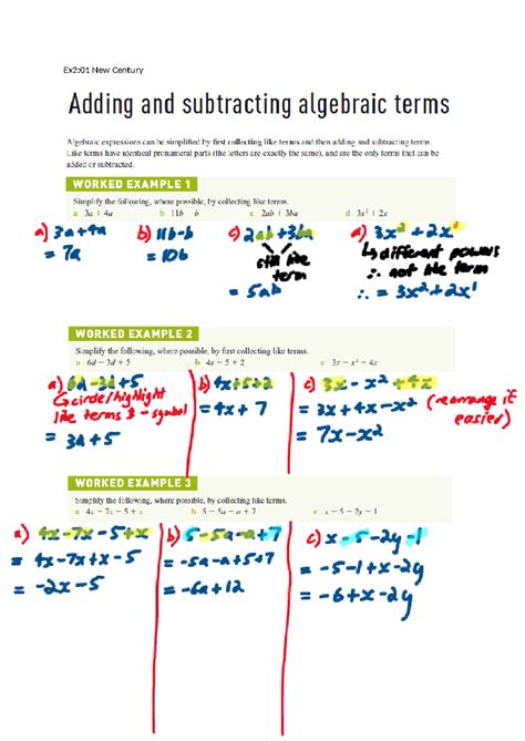 Explanations 1 Adding And Subtracting Algebraic Terms Ex201 New