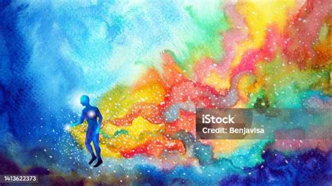 영감을주는 무지개 방법 마음 정신 건강 영혼 영적 상상 에너지 감정 연결 우주 추상 예술 수채화 그림 판타지 디지털 콜라주 일러스트 디자인 그림 그리기에 대한 스톡 벡터