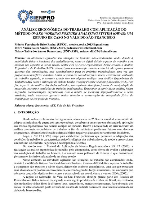 Pdf AnÁlise ErgonÔmica Do Trabalho Com AplicaÇÃo Do MÉtodo Ovako Working Posture Analysing