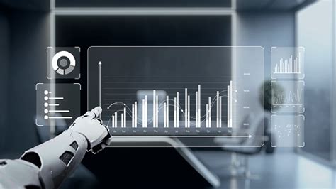 미래 지향적인 로봇 팔은 첨단 기술과 데이터 시각화를 보여주는 현대 사무실 환경에서 투명한 디지털 분석 대시보드와 상호 작용합니다 오바나 0명에 대한 스톡 사진 및 기타