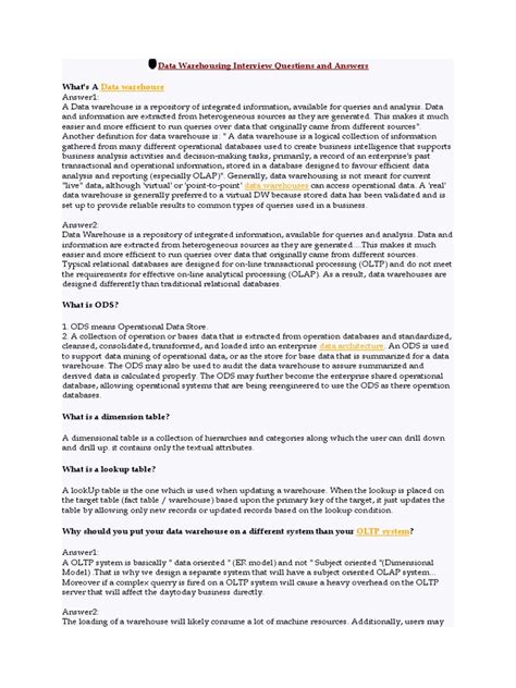 Data Warehousing Interview Questions And Answers Pdf Data Warehouse Databases