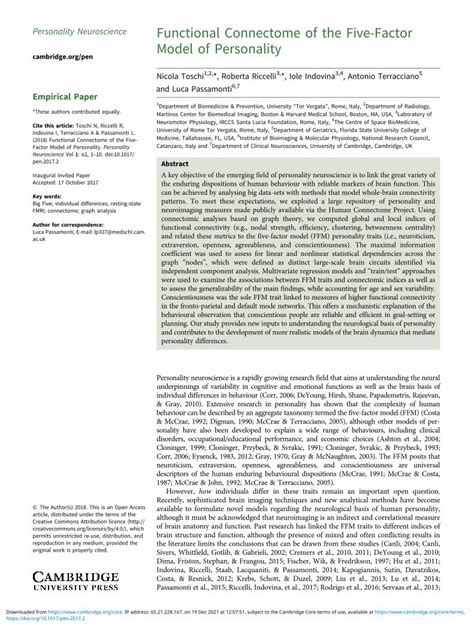 Pdf Personality Neuroscience Functional Connectome Of The Five