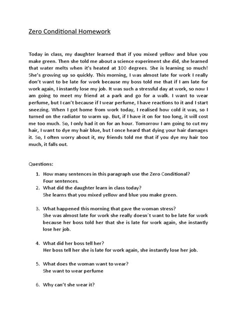 Zero Conditional Reading Comprehension Sheet Reading Comprehension Exercises Warmers Coolers Wo