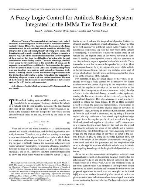 Pdf A Fuzzy Logic Control For Antilock Braking System Integrated In The Imma Tire Test Bench