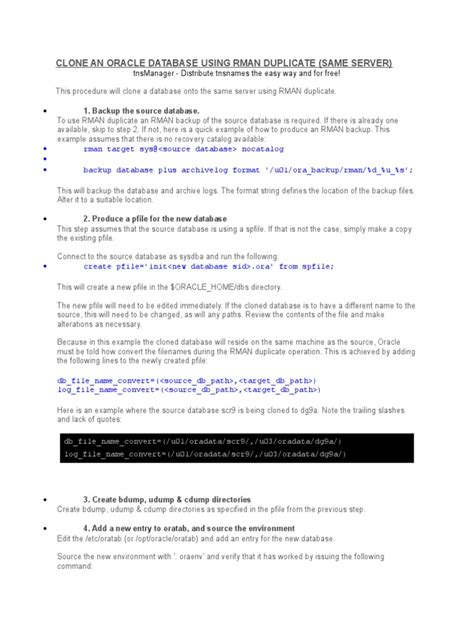 Clone An Oracle Database Using Rman Duplicate Pdf Backup Oracle